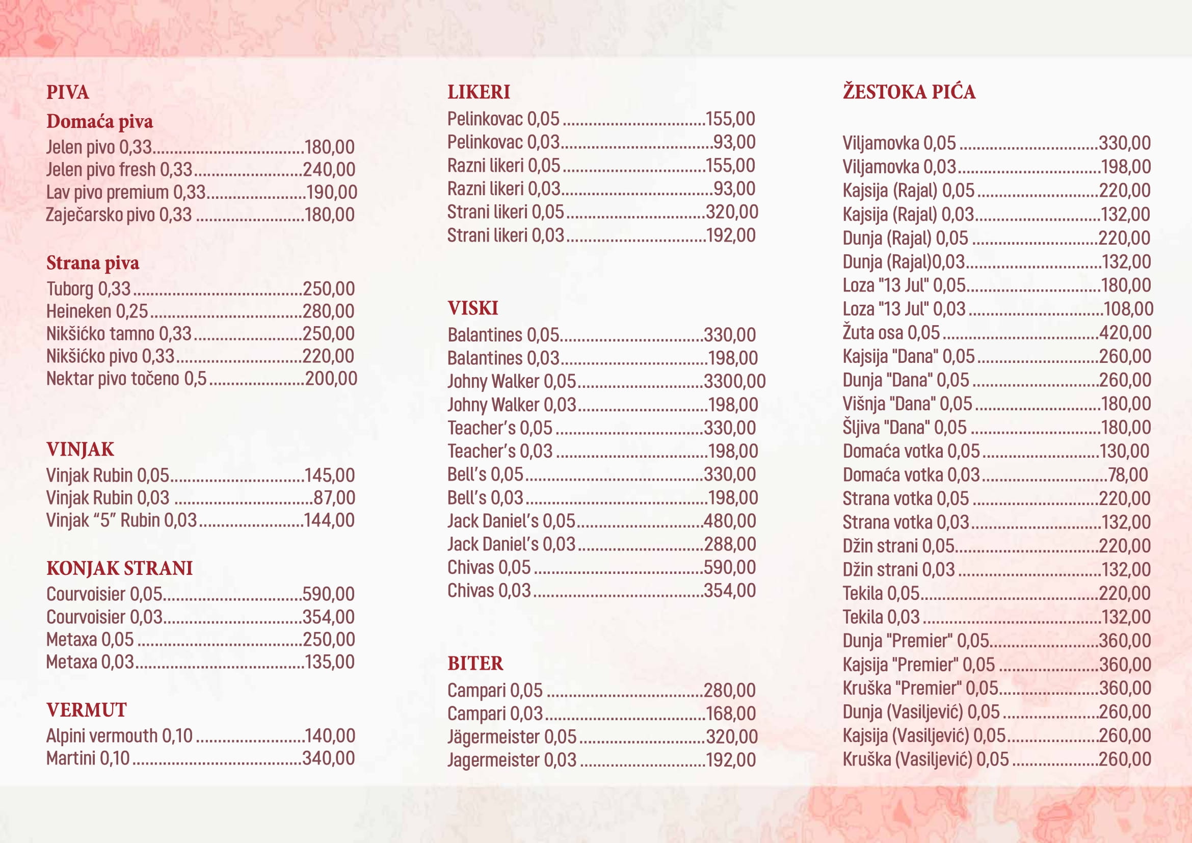 Cenovnik pića - CFK Vrbas